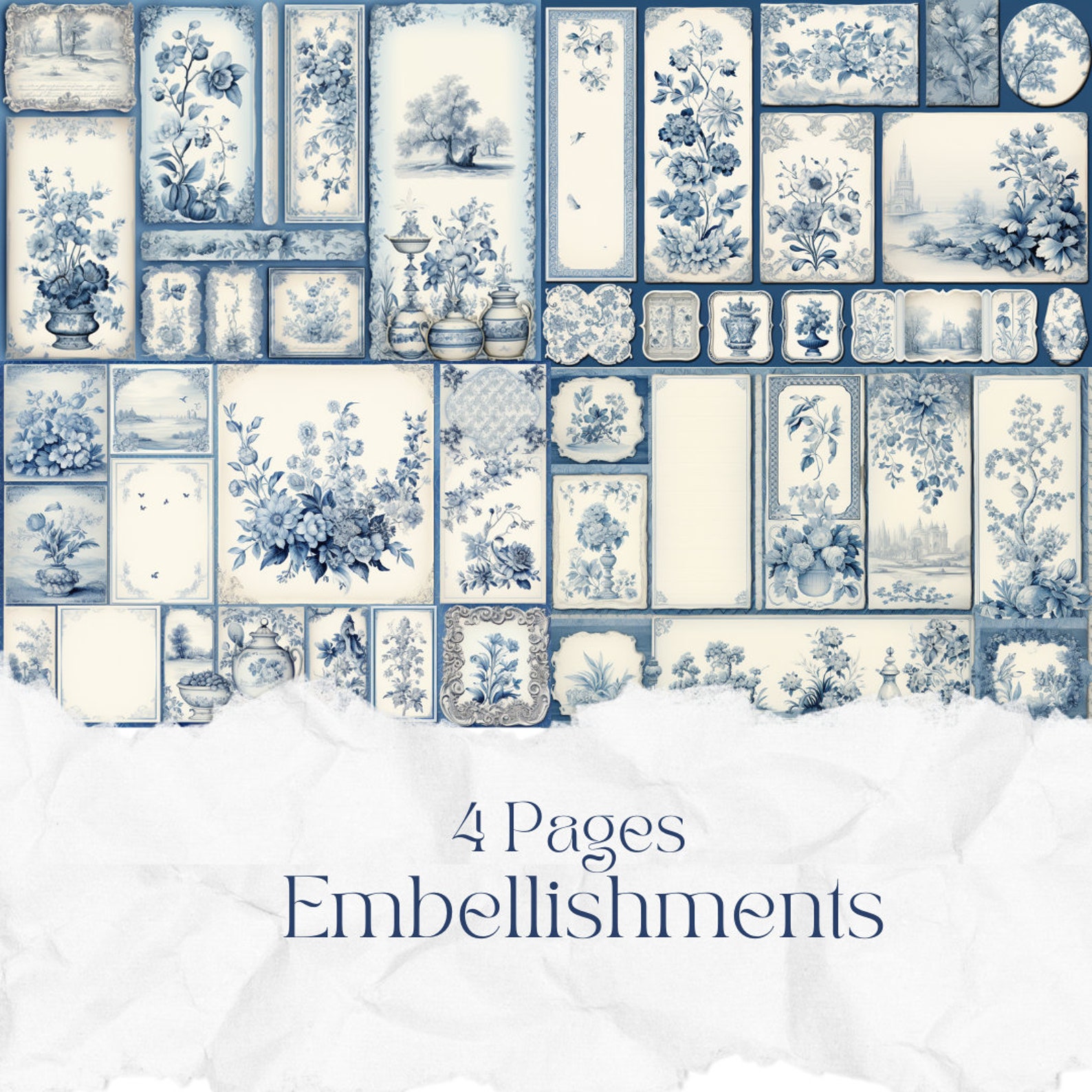 French Blue Toile Junk Journal Papers Journal Paper Kit Digital ...