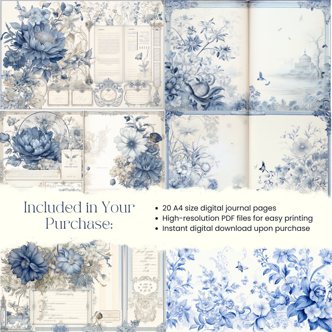 French Blue Toile Junk Journal Papers Journal Paper Kit Digital ...
