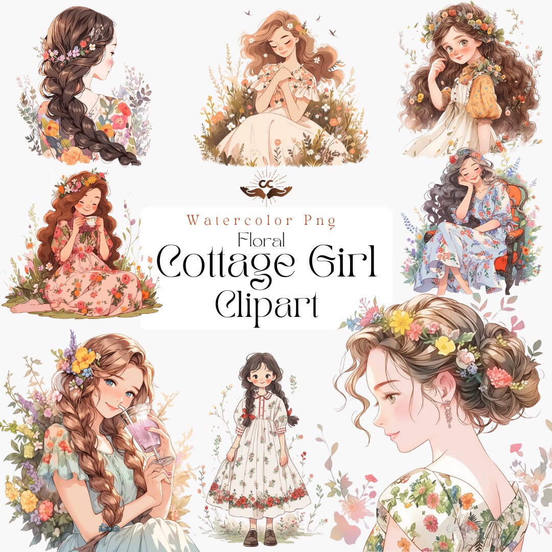 Cute Cottage Girl Clipart Digital Download PNG Files Girls Junk Journal ...
