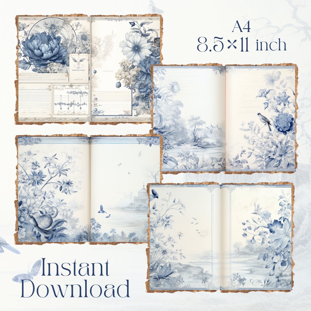 French Blue Toile Junk Journal Papers Journal Paper Kit Digital ...