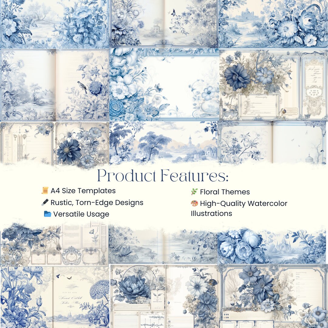French Blue Toile Junk Journal Papers Journal Paper Kit Digital ...