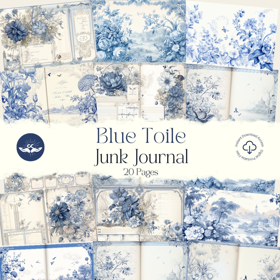 French Blue Toile Junk Journal Papers Journal Paper Kit Digital ...