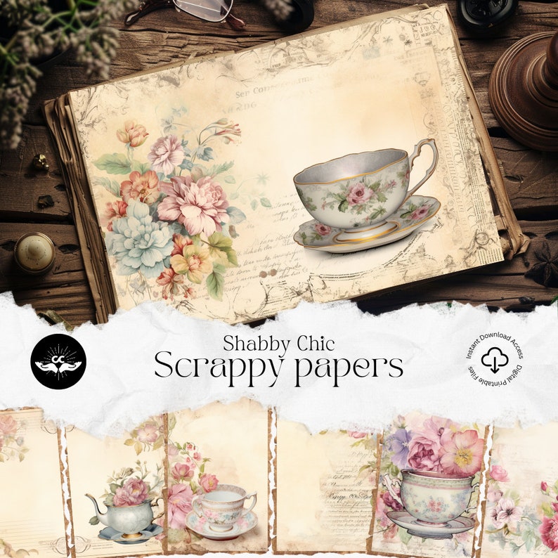 Sabby Chic Tea Party Scrappy Papers Junk Journal Pages Vintage Backing ...