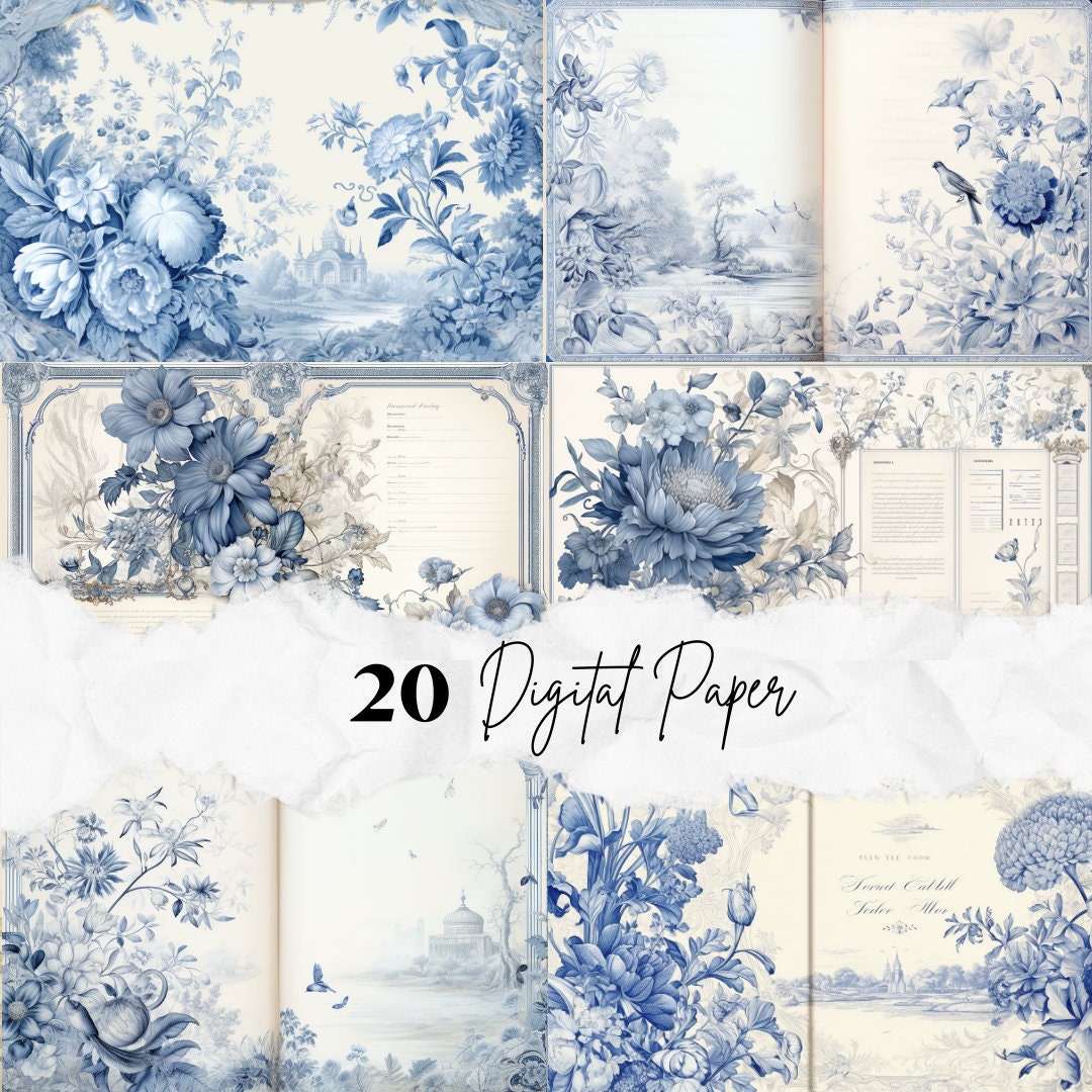 French Blue Toile Junk Journal Papers Journal Paper Kit Digital ...