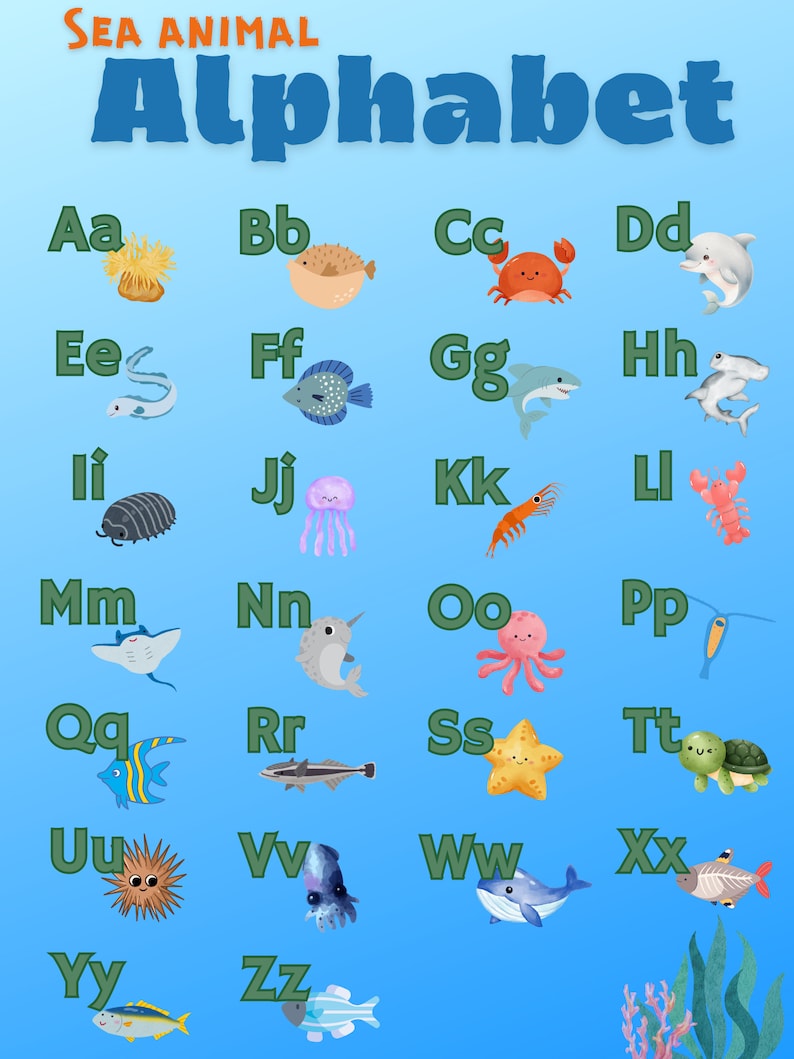 Sea Animals Alphabet Poster Ocean Themed Classroom Decor Kindergarten ...