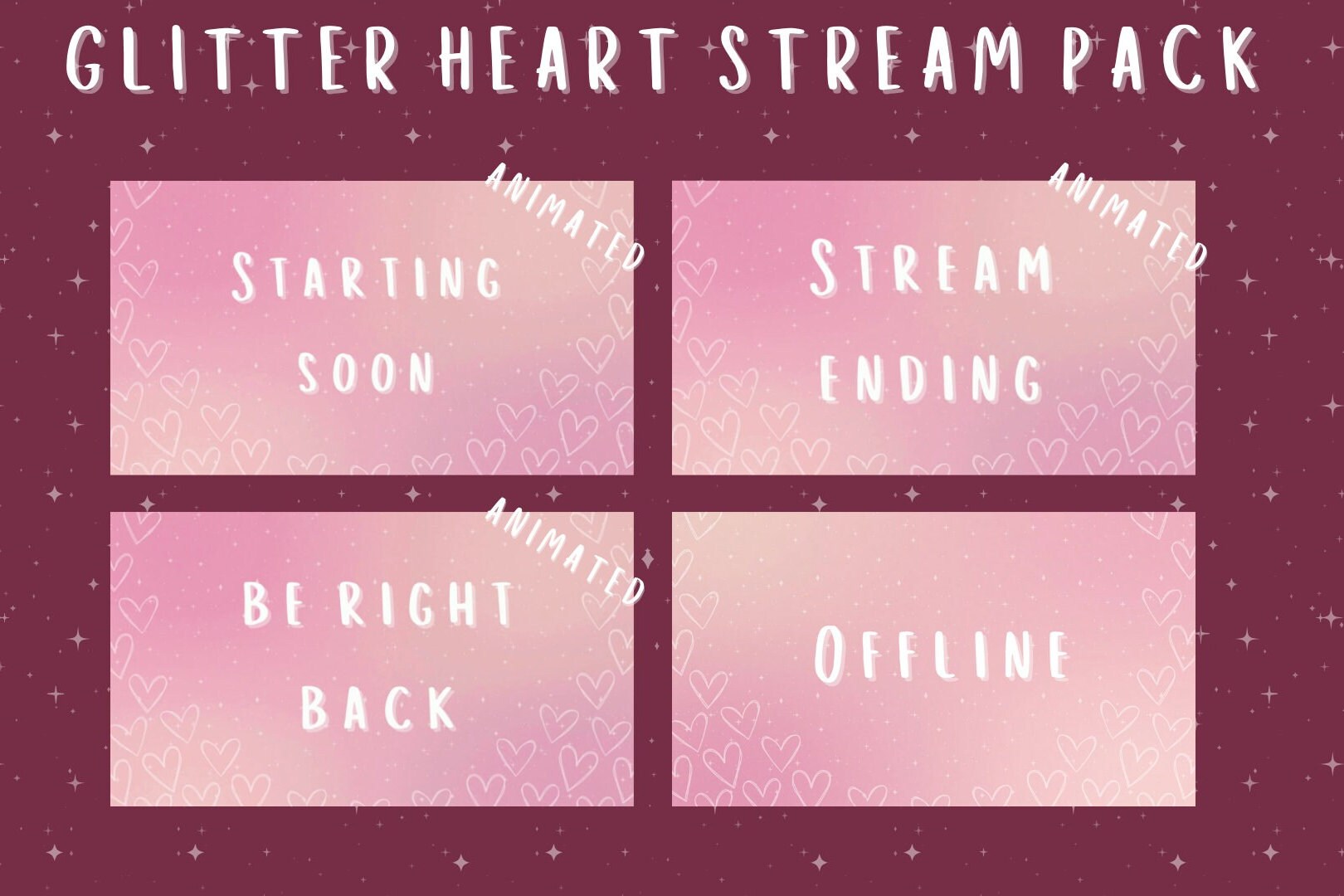 Pink Glitter Heart Stream Overlay Pack Twitch Overlays Animated Stream ...
