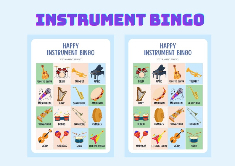Happy Music Instrument Bingo Cards, Instrument Learning Game, Printable ...