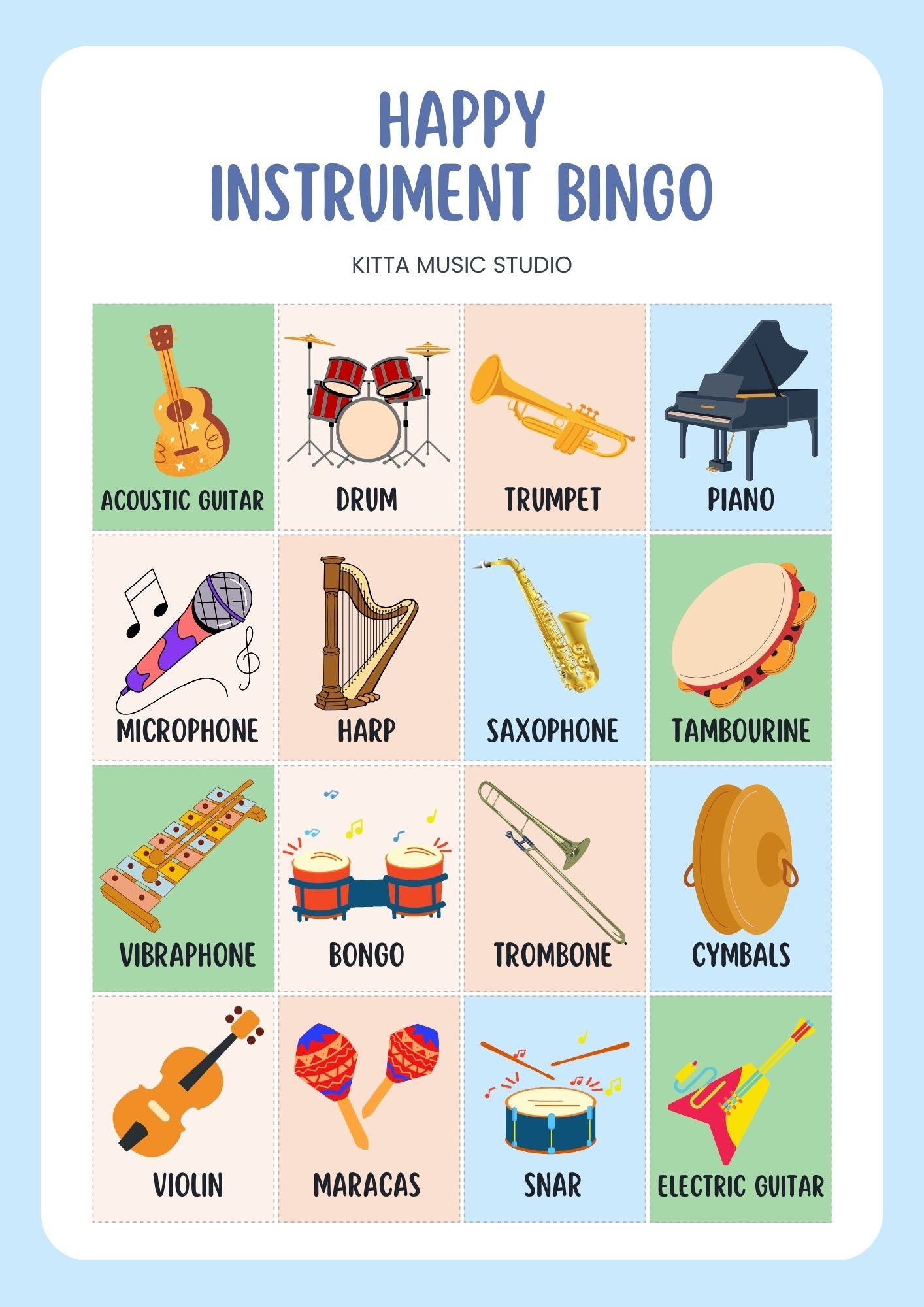 Happy Music Instrument Bingo Cards, Instrument Learning Game, Printable ...
