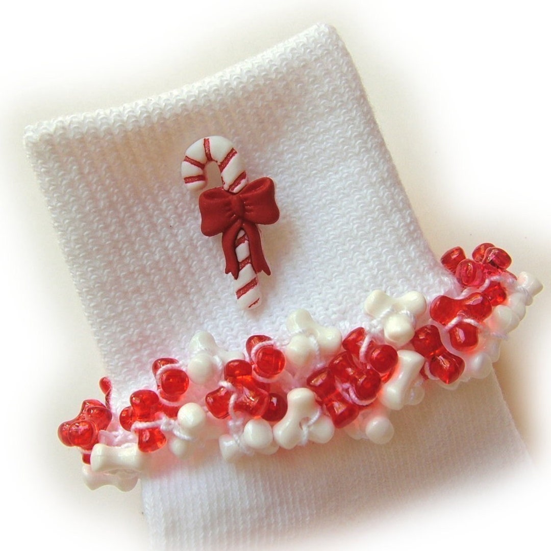 NEW - Red Bow Candy Cane Beaded Socks, Holidays, Buttons, Christmas ...