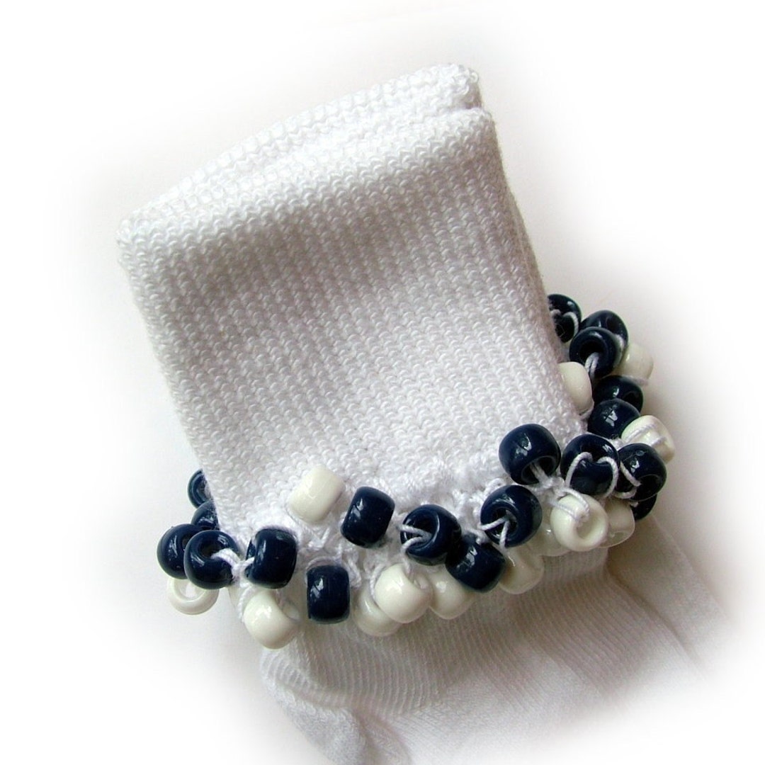 School Uniform Beaded Socks, Girls Socks, Pony Beads, Navy, White Socks ...
