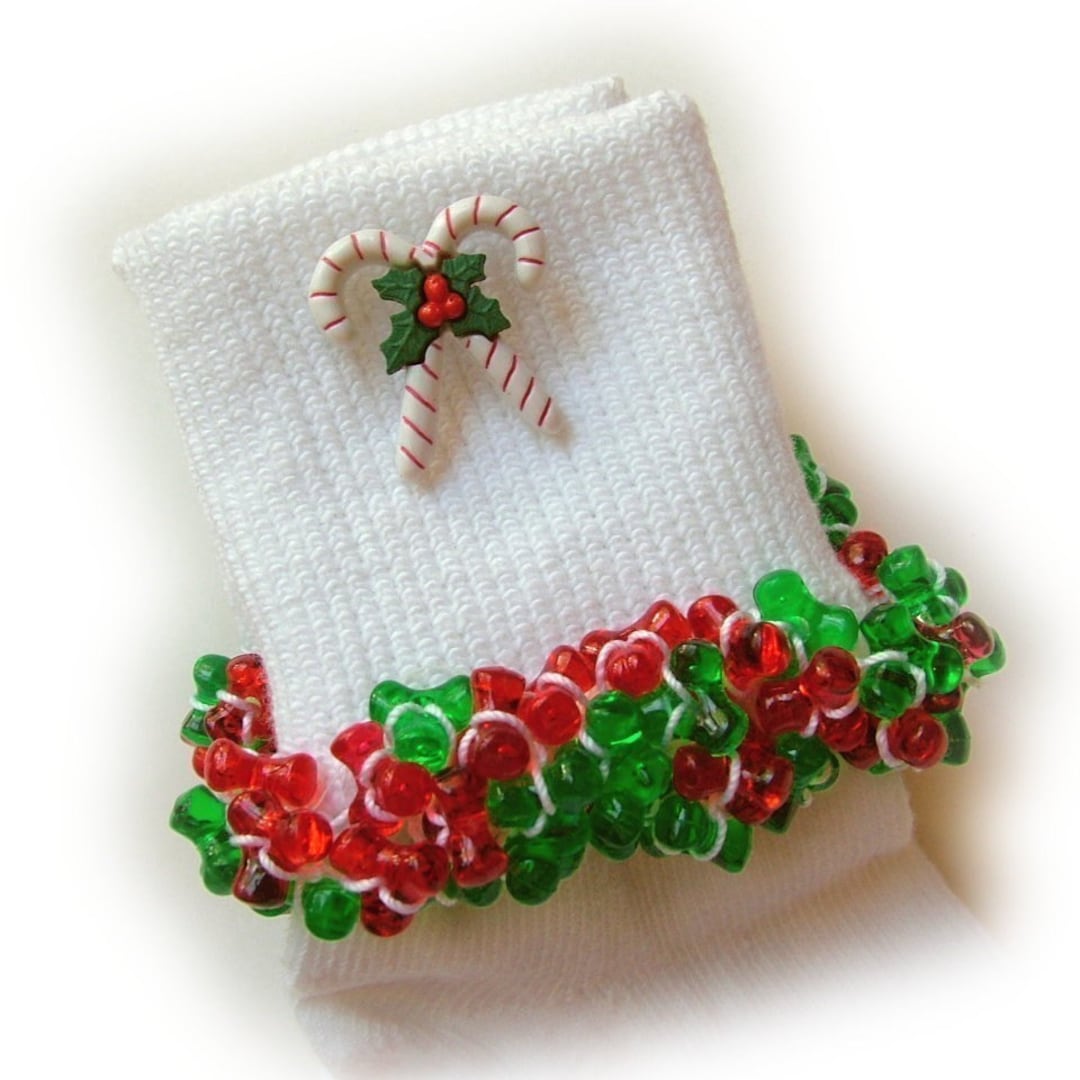 NEW - Christmas Holly Candy Cane Beaded Socks, Buttons, Girls Socks ...