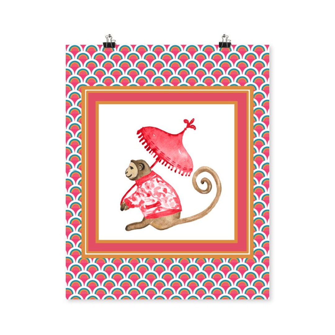Manny the Monkey Chinoiserie Art Print 8x10 Left Facing Pink Red Orange ...
