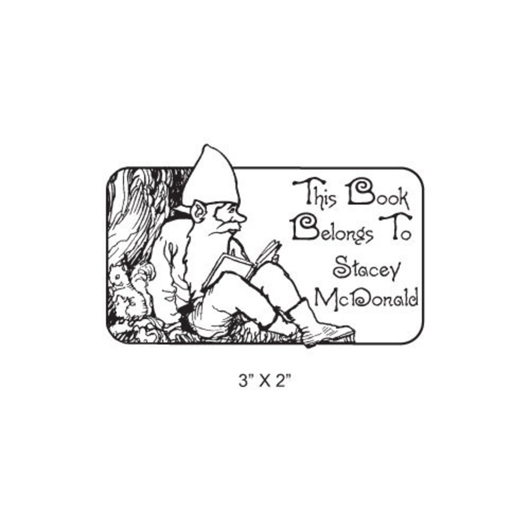 Gnome Reading a Book Storybook Series Custom Ex Libris Bookplate Rubber ...