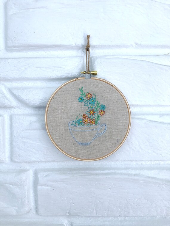 Embroidery Hoop Wall Art Modern Hand Embroidery Floral Teacup | Etsy