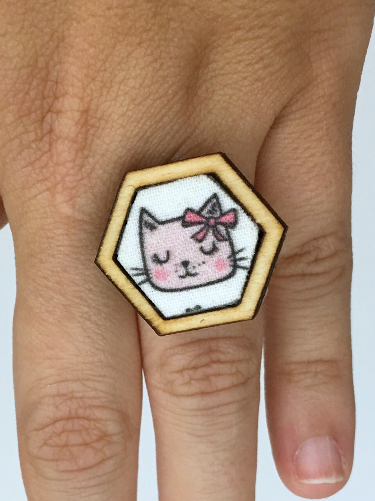 Adjustable Ring Fabric and Wood Cat Jewelry Gift Under 20 - Etsy