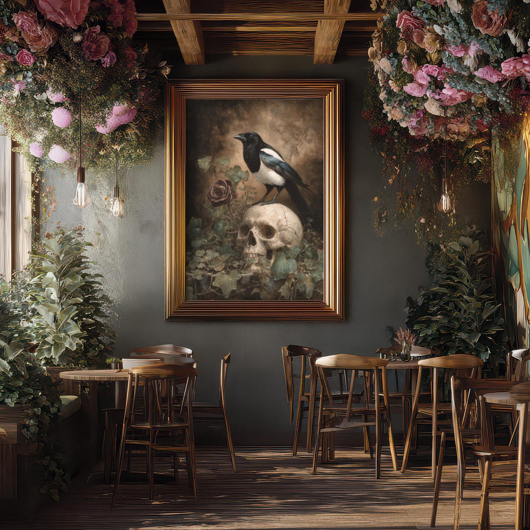 Magpie Skull Art Print, Gothic Botanical Home Decor - Etsy