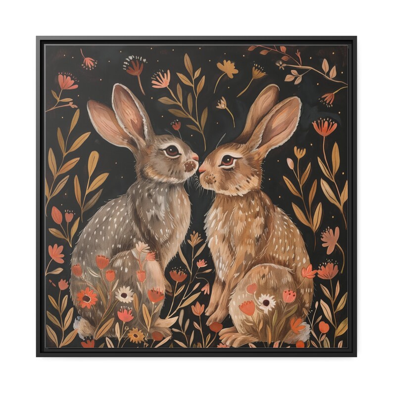 Canvas Cottagecore Two Hare Folk Art Print Rabbit Nature Illustration ...