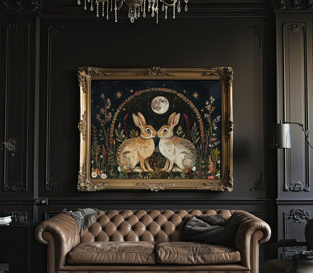 Two Hare Folk Art Print Rabbit Nature Illustration Witchy Celestial ...