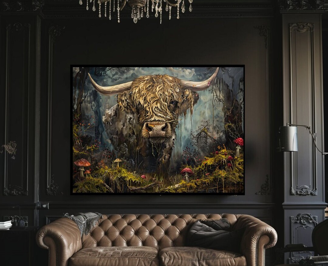 Dark Decaying Highland Cow Oil Canvas Mushroom Art Print Colourful ...