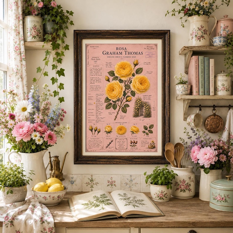 Graham Thomas Rose Print, Vintage Botanical Wall Art, Cottagecore Decor ...