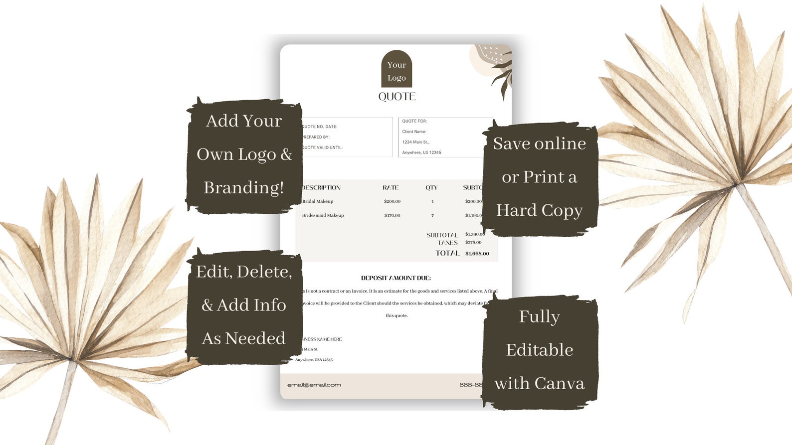 Boho Editable Invoice & Quote Templates for Salon/small Business/spa ...