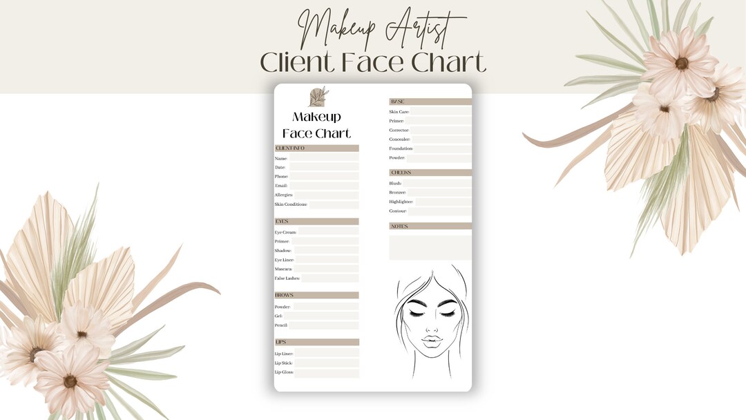 Boho Editable Client Face Chart for Makeup Artist/salon/esthetician - Etsy