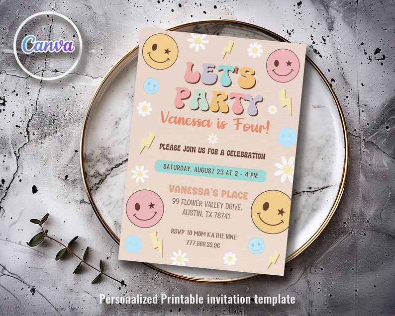 Printable Smiley Face Invite, Groovy Smiley Birthday Invitation, Retro ...