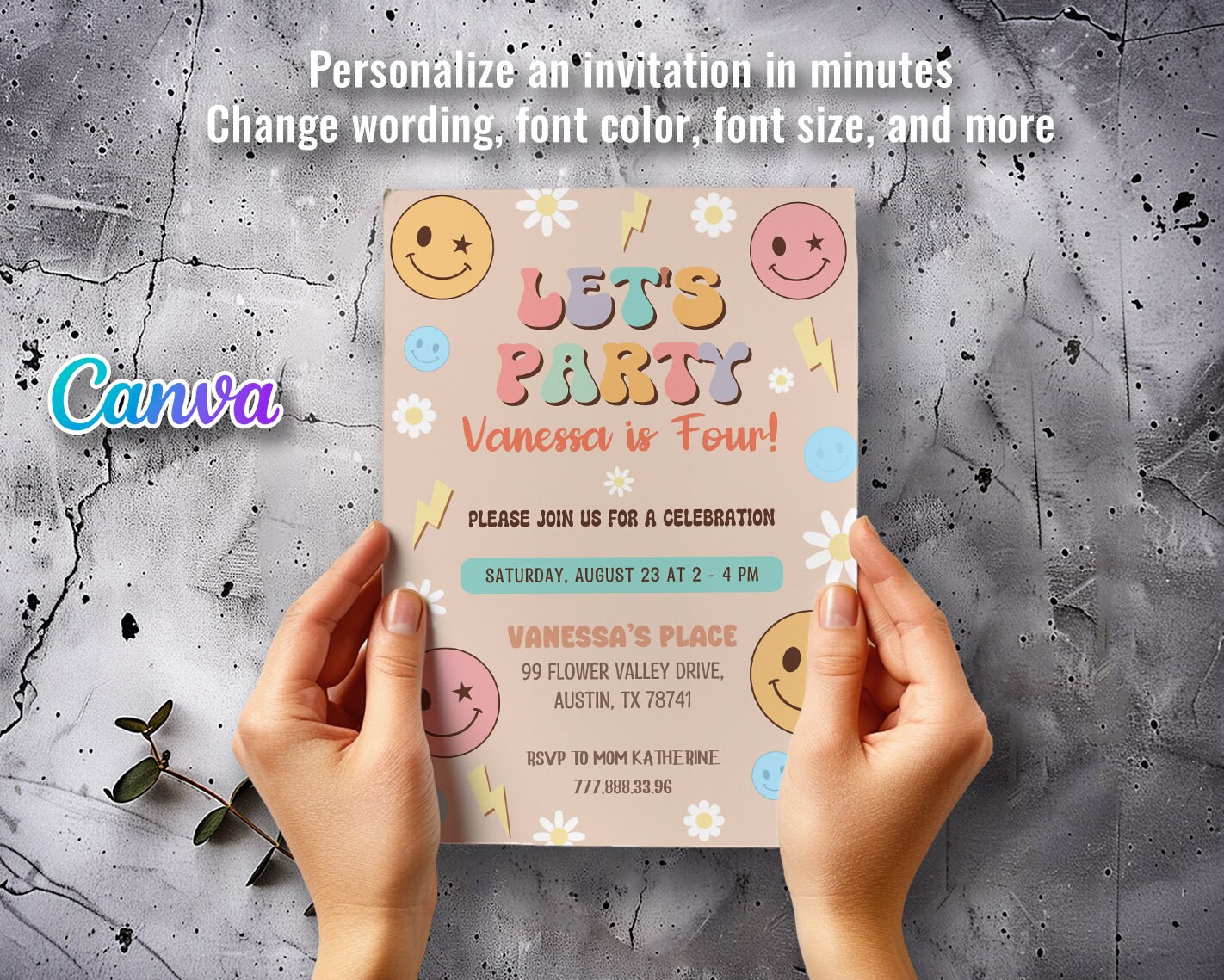 Printable Smiley Face Invite, Groovy Smiley Birthday Invitation, Retro ...