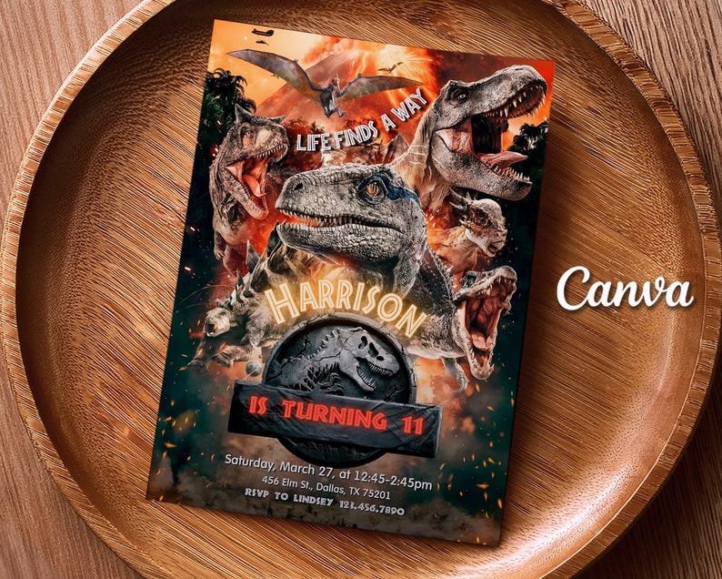 Dinosaur Birthday Invitation, T-rex Party, Canva Template (digital ...