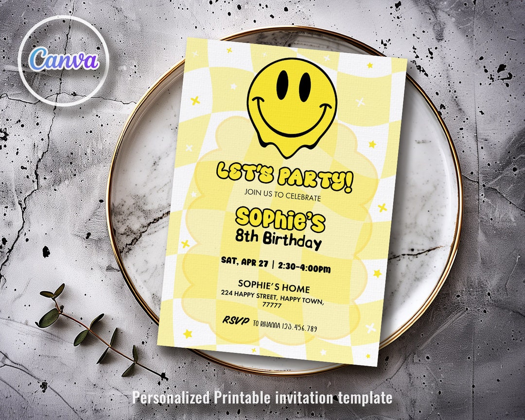 Printable Smiley Face Invite, Groovy Smiley Birthday Invitation, Retro ...