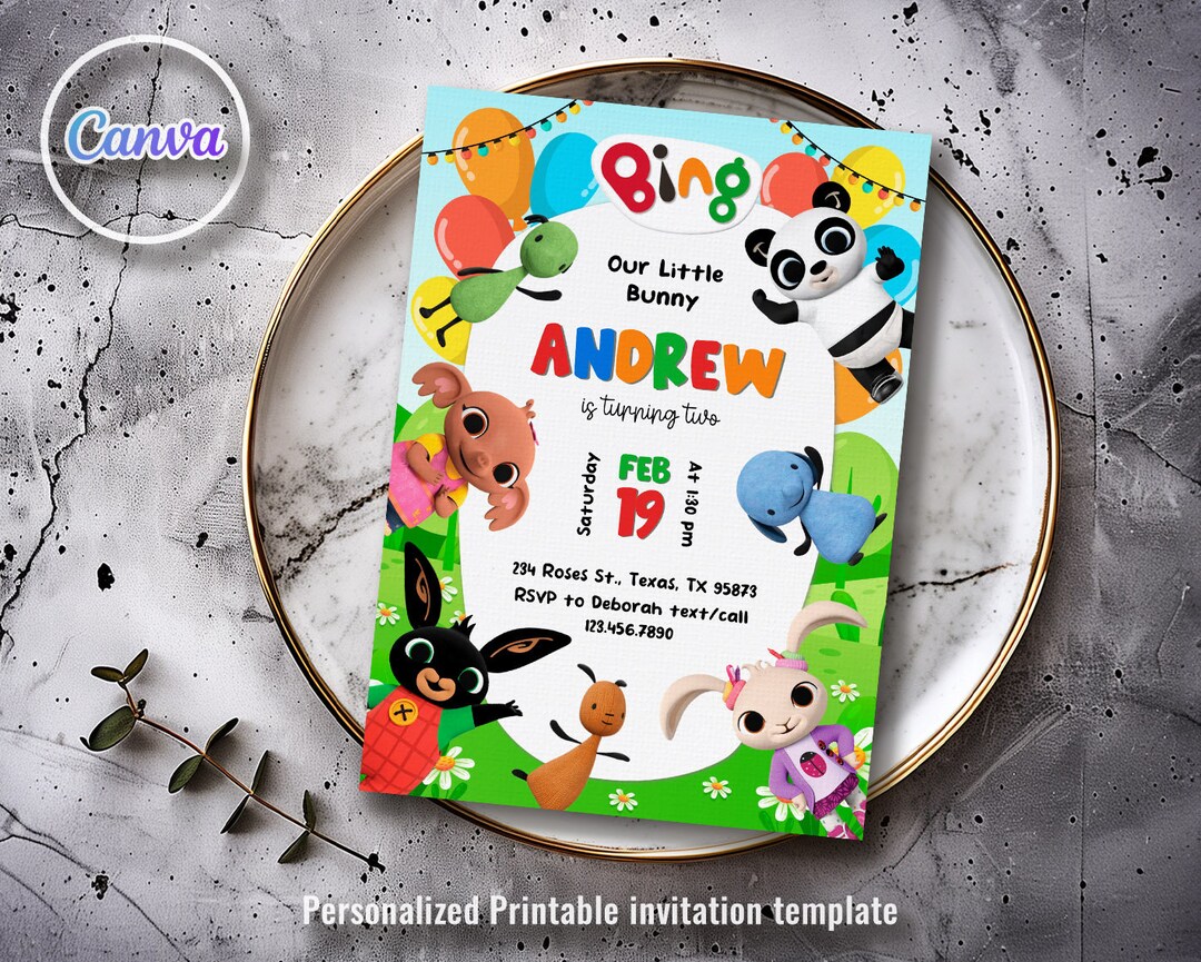 Bing Birthday Invitation, Bunny Printable Invitation, Party Invite ...