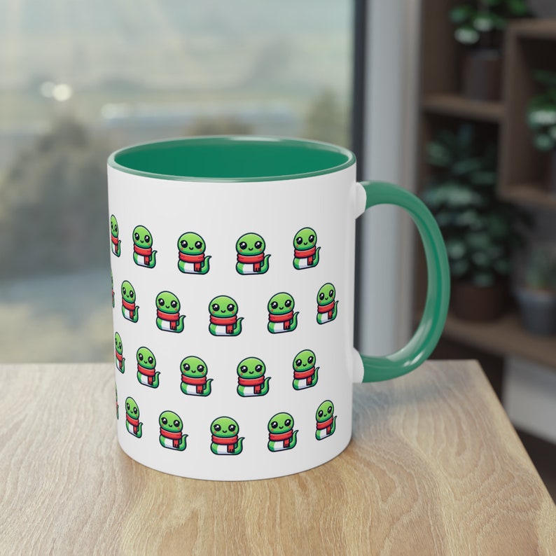 Cute Snake Design Mug: Dark Green Interior, Adorable Scarf-wearing ...