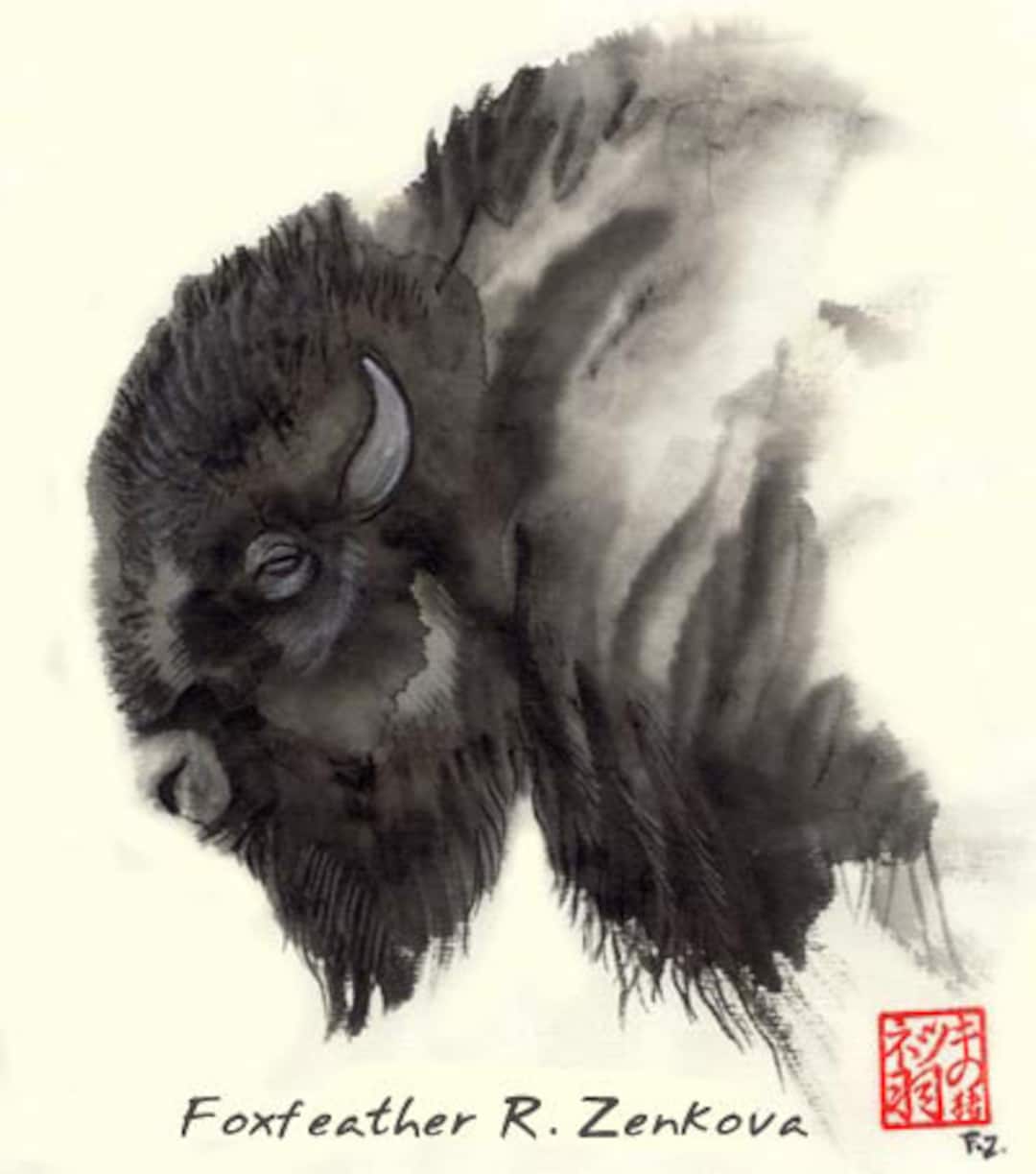 Plains Ghost Bison Art Painting Print - Sumi Ink Totem Buffalo Art Wall ...