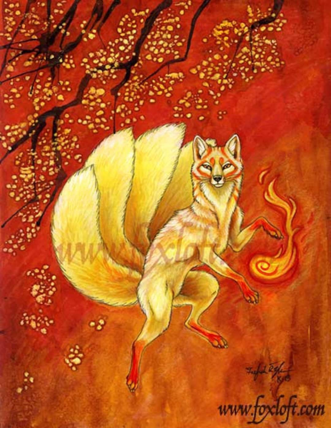 Fire Feet Kitsune Watercolor Print - Wall Art, Fox, Foxfire, Japanese ...