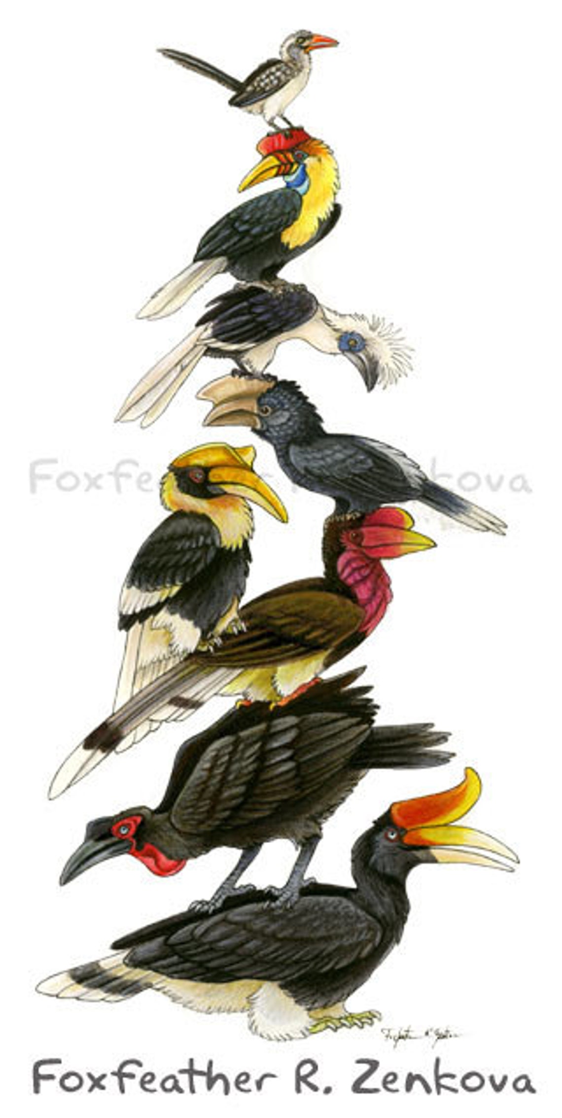 Hornbill Stack Painting Print Wall Art Bird Stack Totem - Etsy