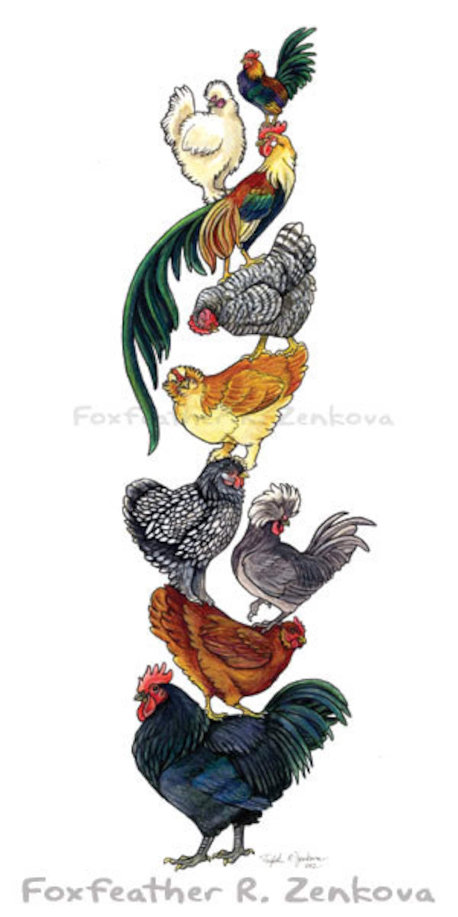 Chicken Stack Painting Print Wall art bird stack Rooster | Etsy