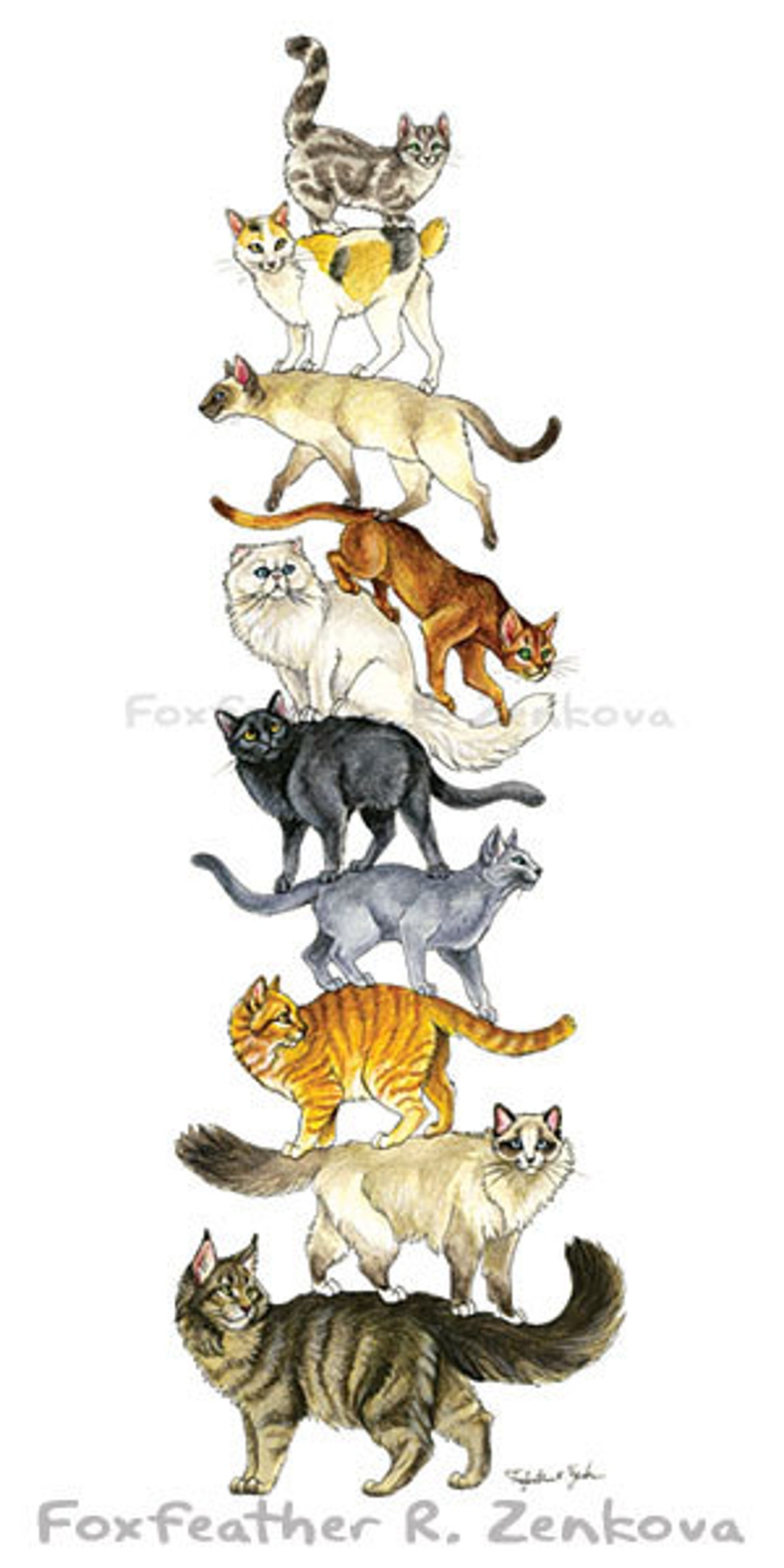 Cat Stack Painting Print - Wall Art, Animal Stack, Housecats, Maine ...