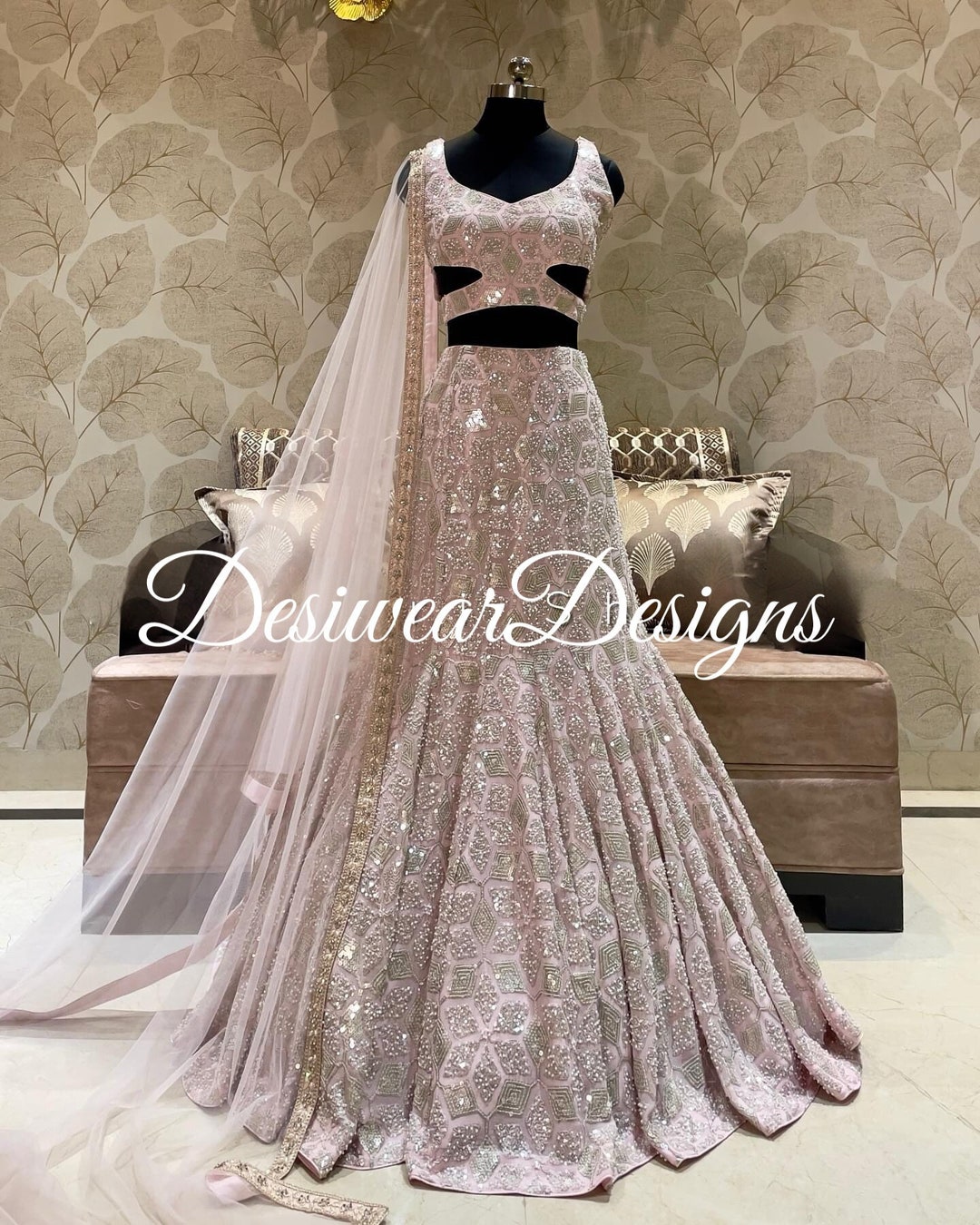 Made to Order Indian Blush Pink Fish Cut Dana Pearl Work Lehenga Blouse ...