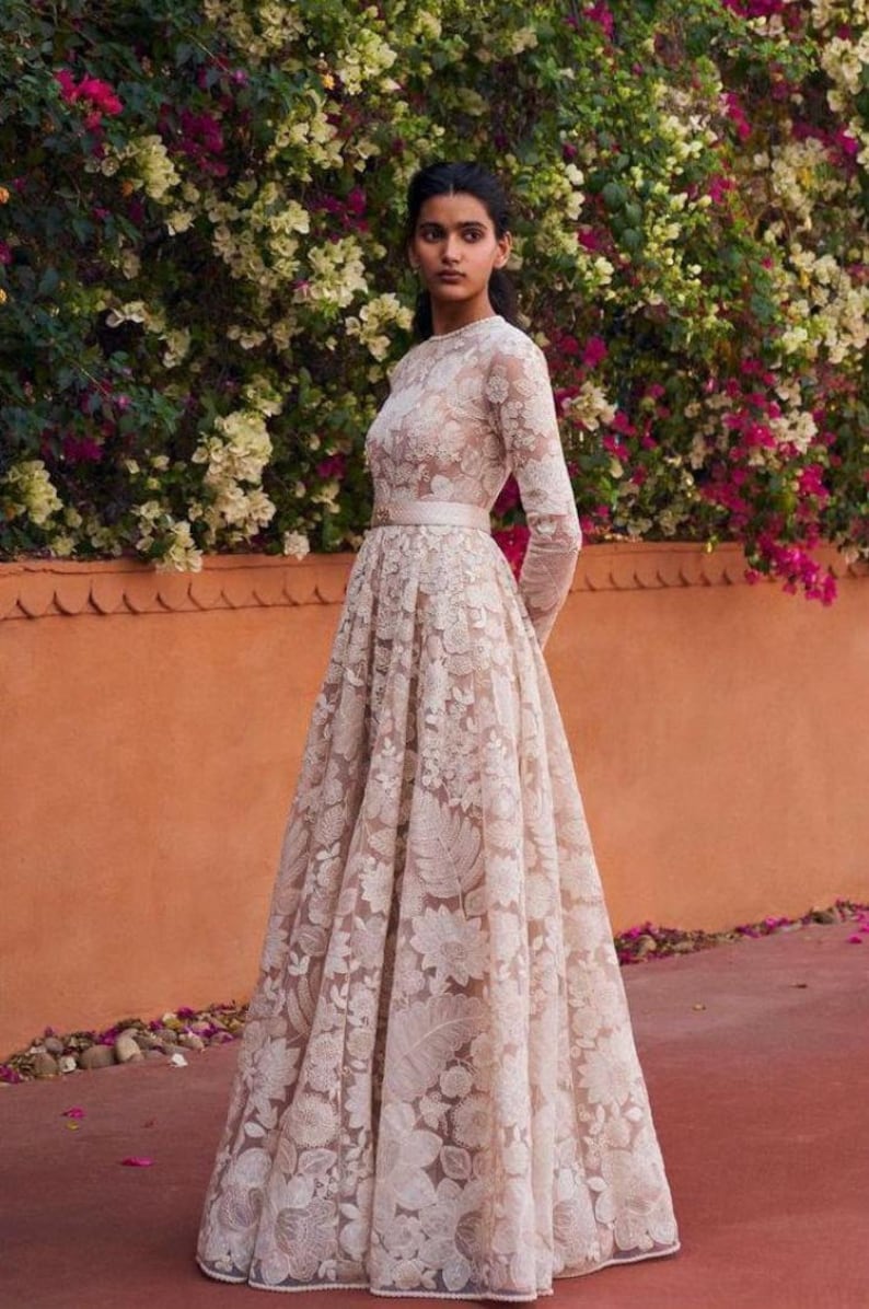 Cream and Beige Georgette Embroidery Work Wedding Wear Gown With ...