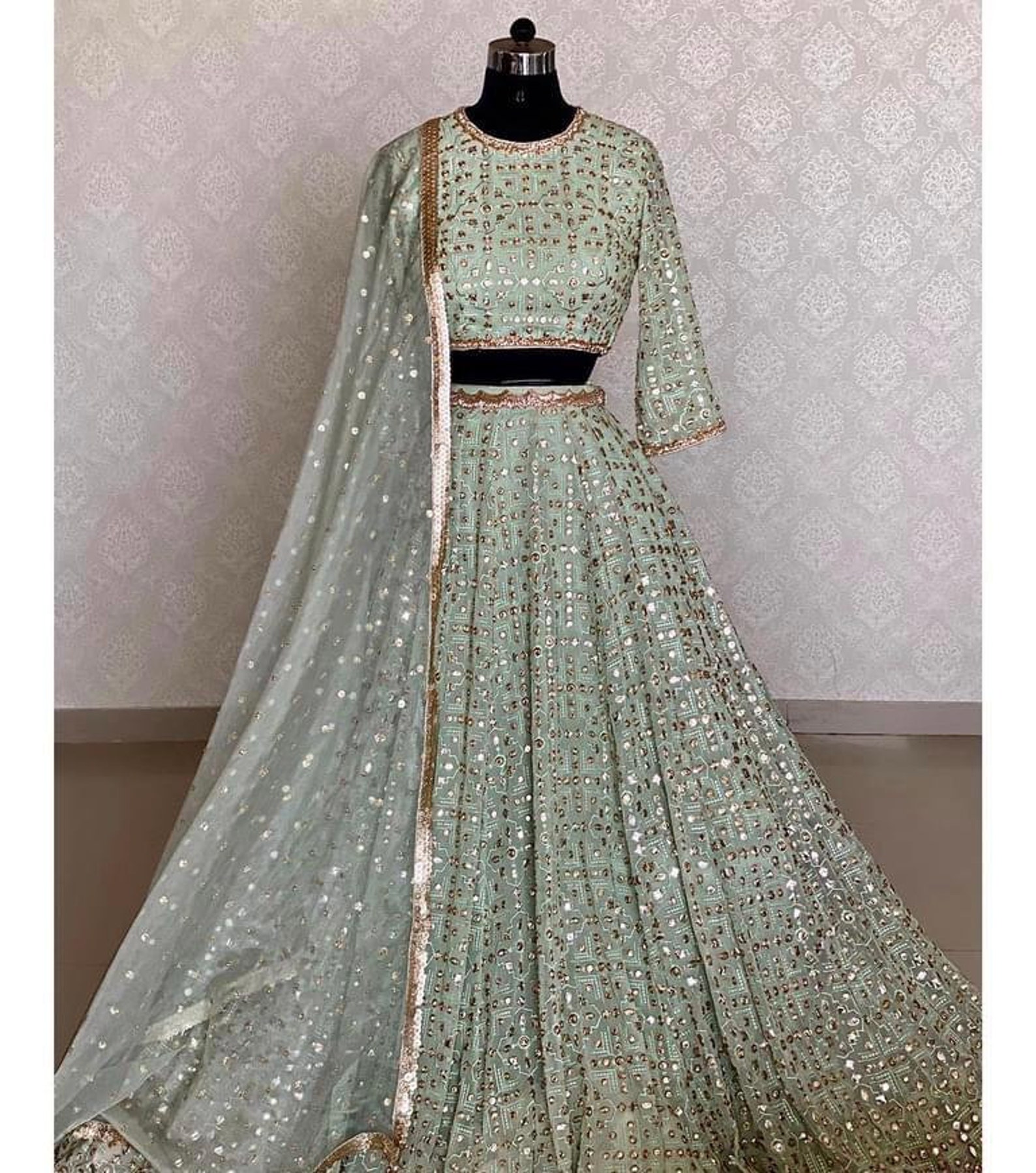 Made to Order Indian Designer Sage Green Mirror Embroidered Georgette ...