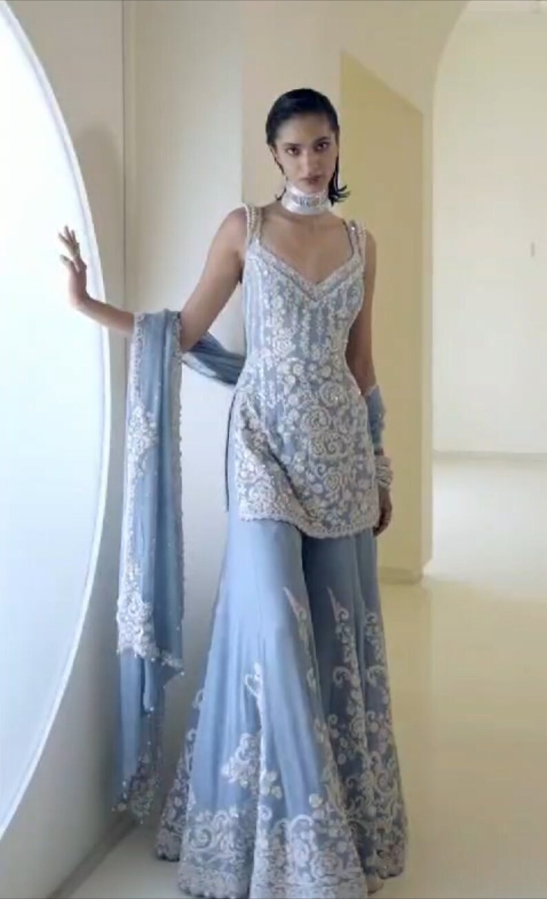 Elegant Baby Blue Heavy Embroidery Sharara Kurta ,indian Traditional ...