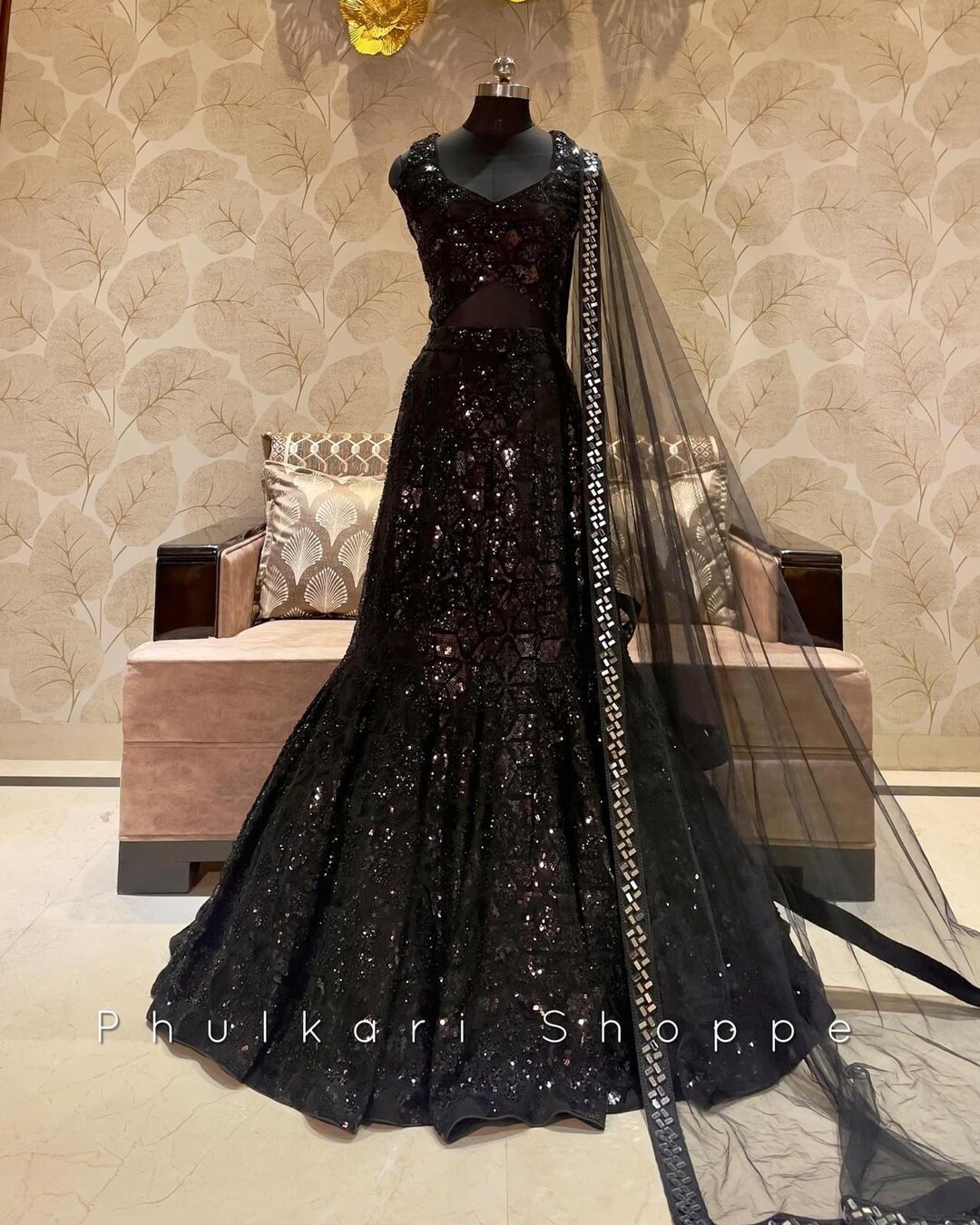 Made to Order Indian Black Mermaid Cut Saree Lehenga With One Shoulder ...