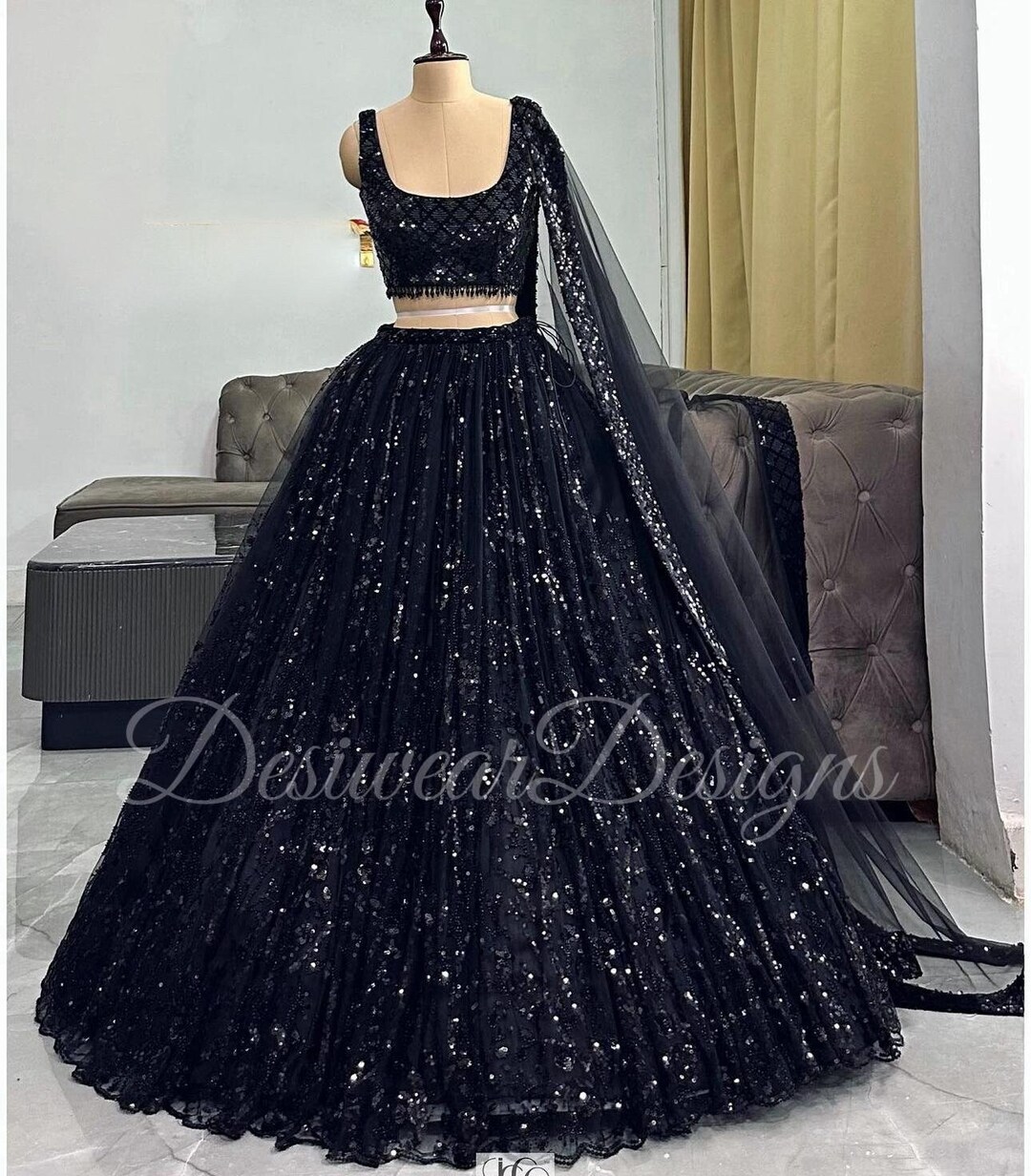 Made to Order Black Sequin Embroidered Net Cocktail Lehenga With Heavy ...