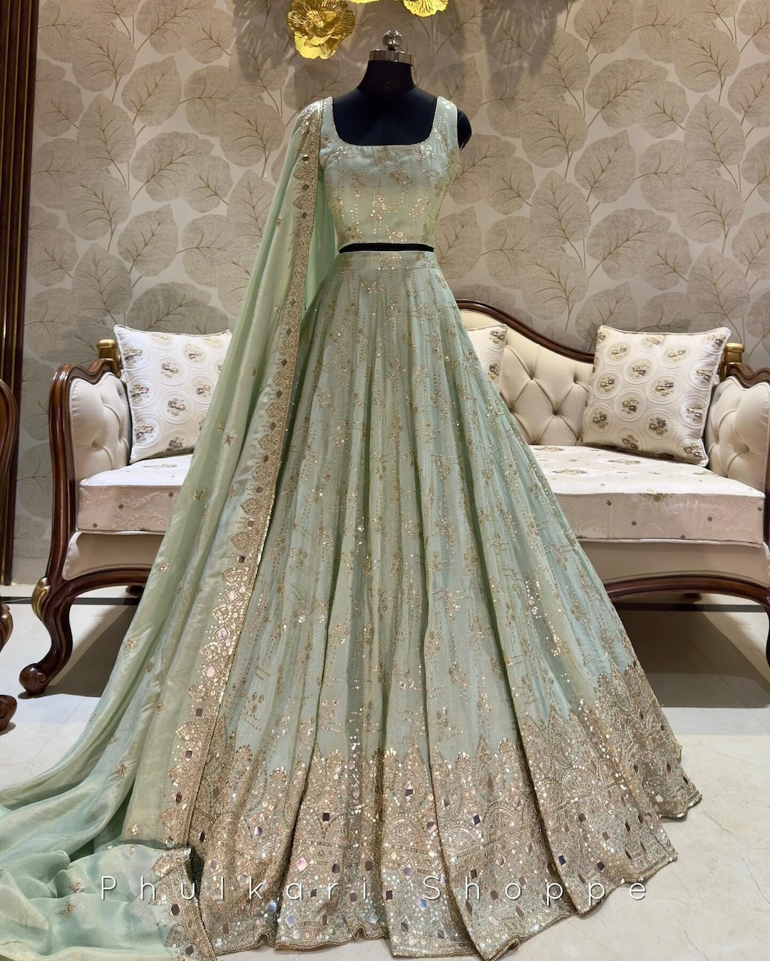 Designer Indian Sage Green Tissue Silk Lehenga Choli for Women, Party ...