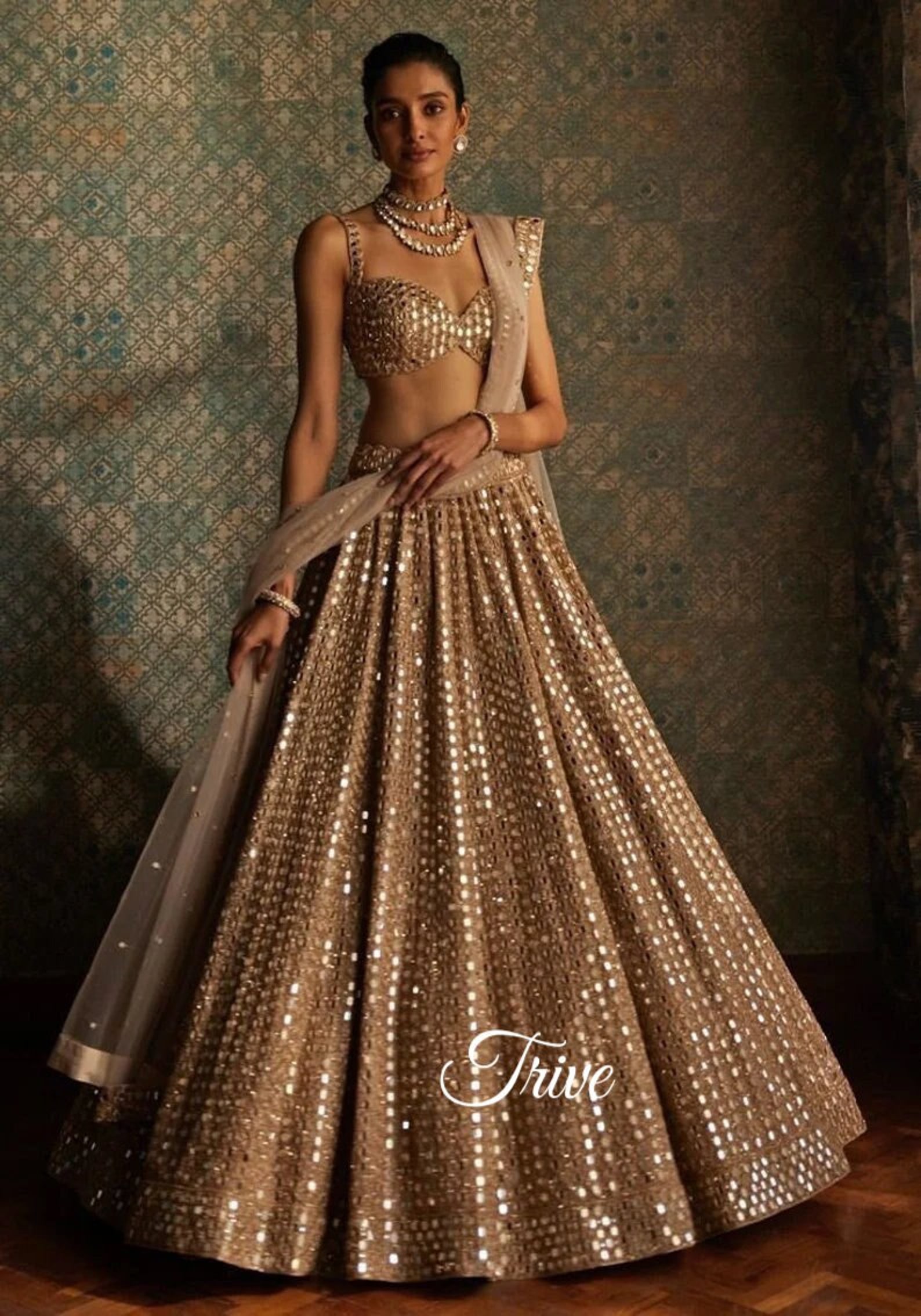 Gold Mirror Work Embroidered Lehenga for Bride Embroidered Indian ...