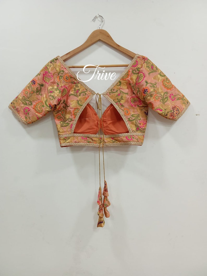 Saree Lehenga Blouse Made to Order Indian Designer Peach Floral Banarsi ...