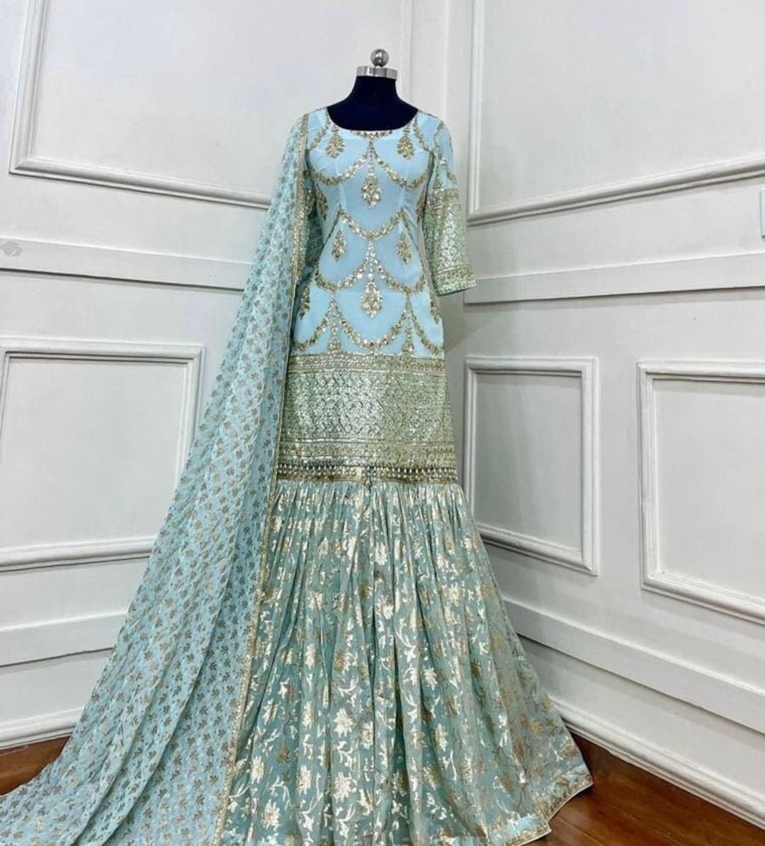 Elegant Blue Sharara,top and Sharara With Dupatta,indian Traditional ...