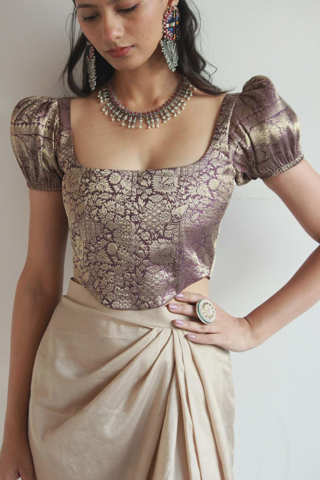 Made to Order Indian Brocade Corset Blouse With Puff Sleeves : Golden ...
