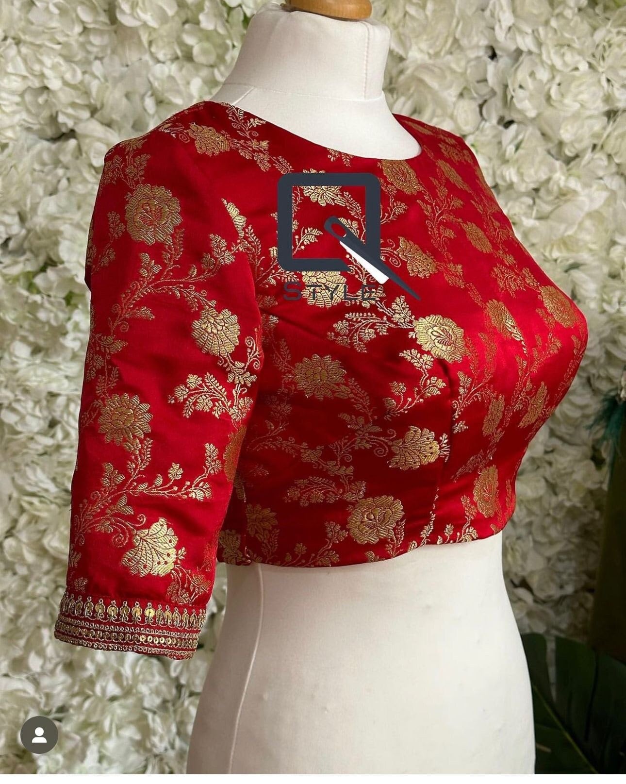 Made to Order Indian Red Elbow Sleeves Banarasi Brocade Silk Round Neck ...