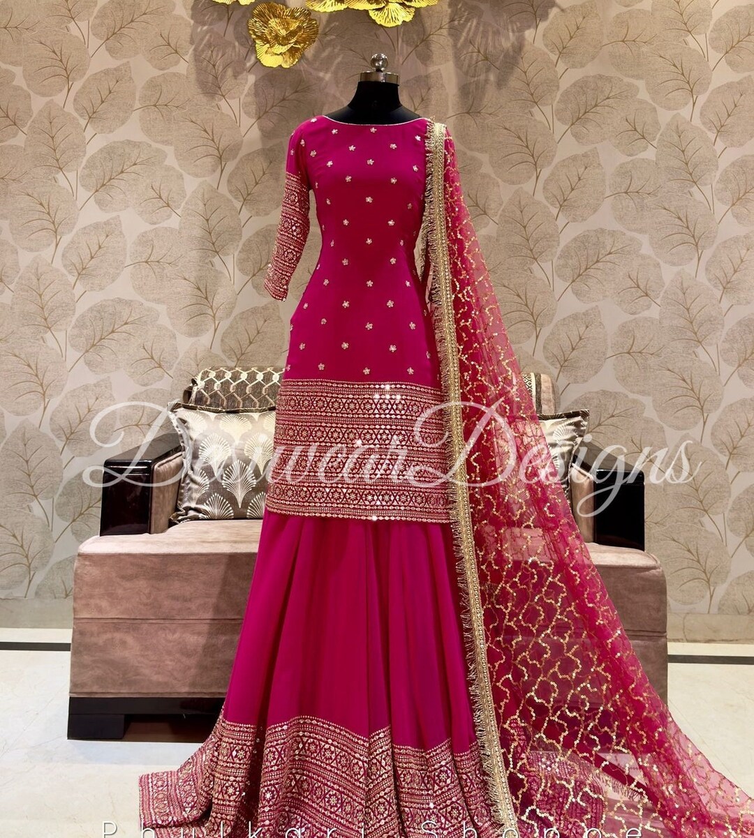 Made to Order Rani Pink Embroidered Work Lengha Choli With Net Dupatta ...